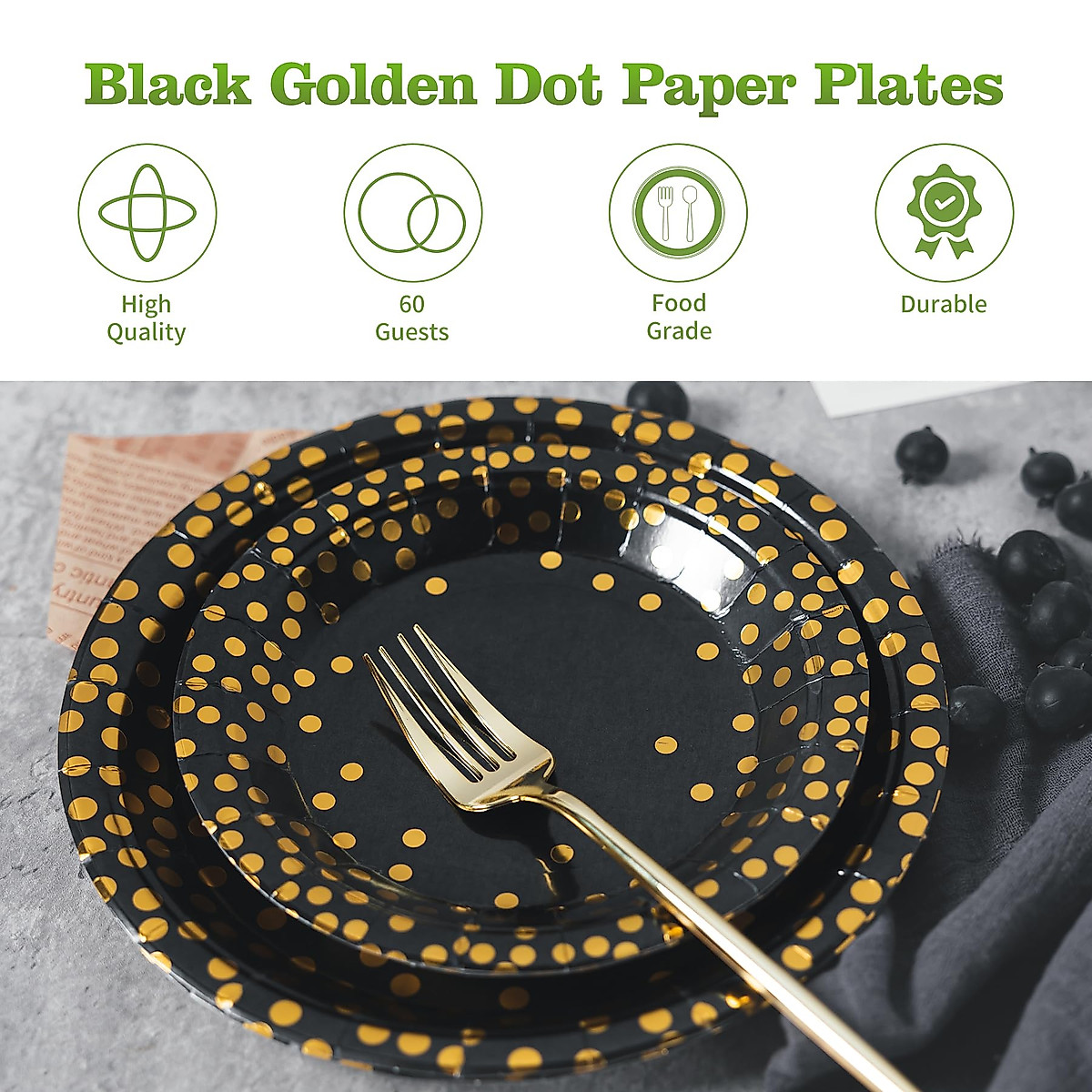 Lullaby 120PCS Black Paper Plates, Black and Gold Paper Plates, 60pcs Dinner Plates 9"，60pcs Dessert Plates 7", Disposable Graduation Plates with Golden Dot for Birthday party, Halloween
