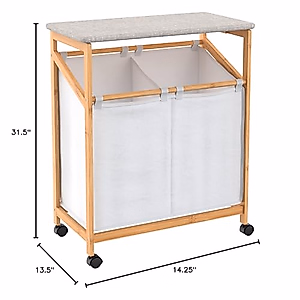 ClosetMaid Bamboo Laundry Hamper Cart with Ironing Board Folding Station, Dual Compartments with Divider, Portable Laundry Sorter, Natural Finish