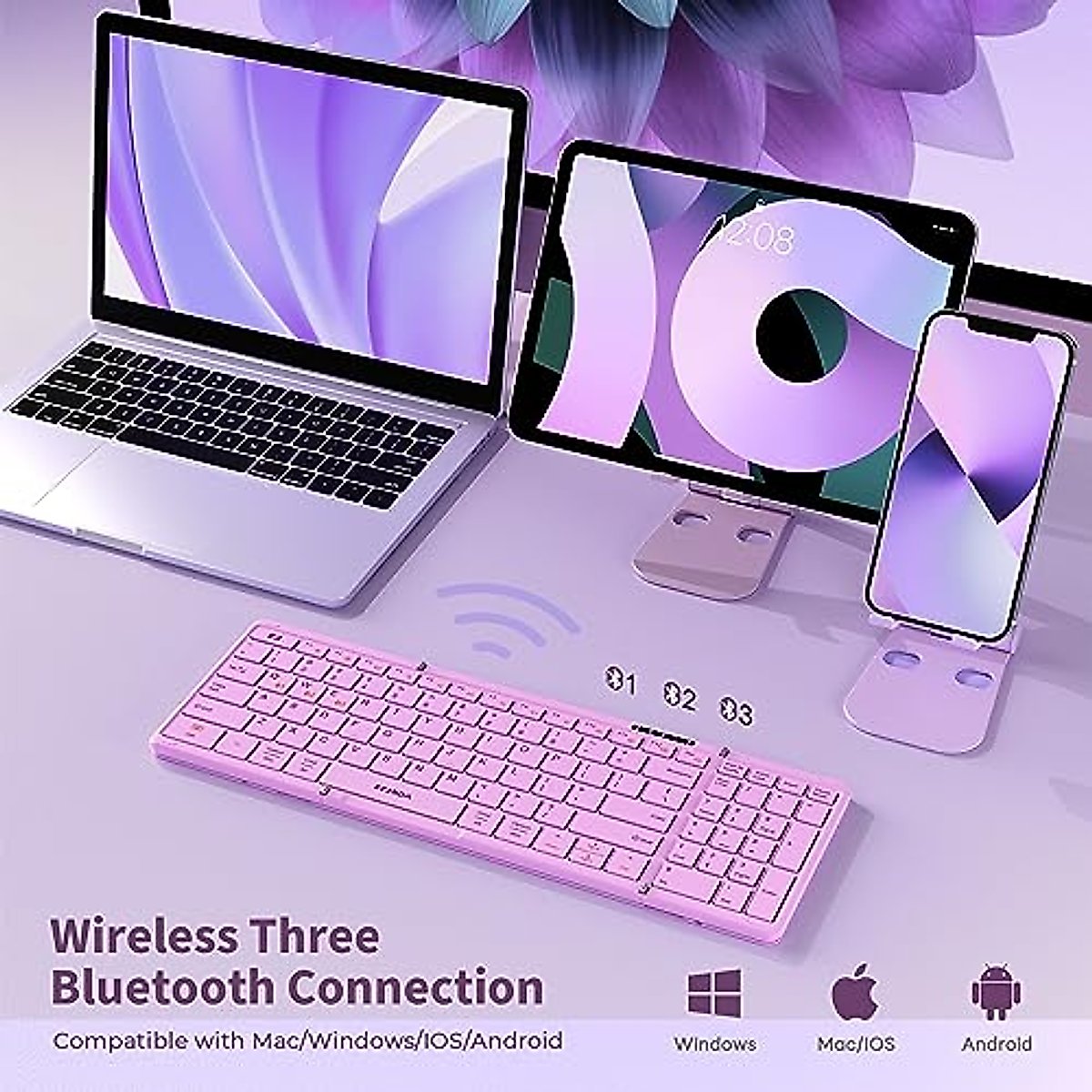 seenda Foldable Bluetooth Keyboard for Travel, Portable Wireless Folding Keyboard with Number Pad, Full-Size Rechargeable Keyboard for Laptop Tablet PC Mac Windows iOS Android - Purple Pink