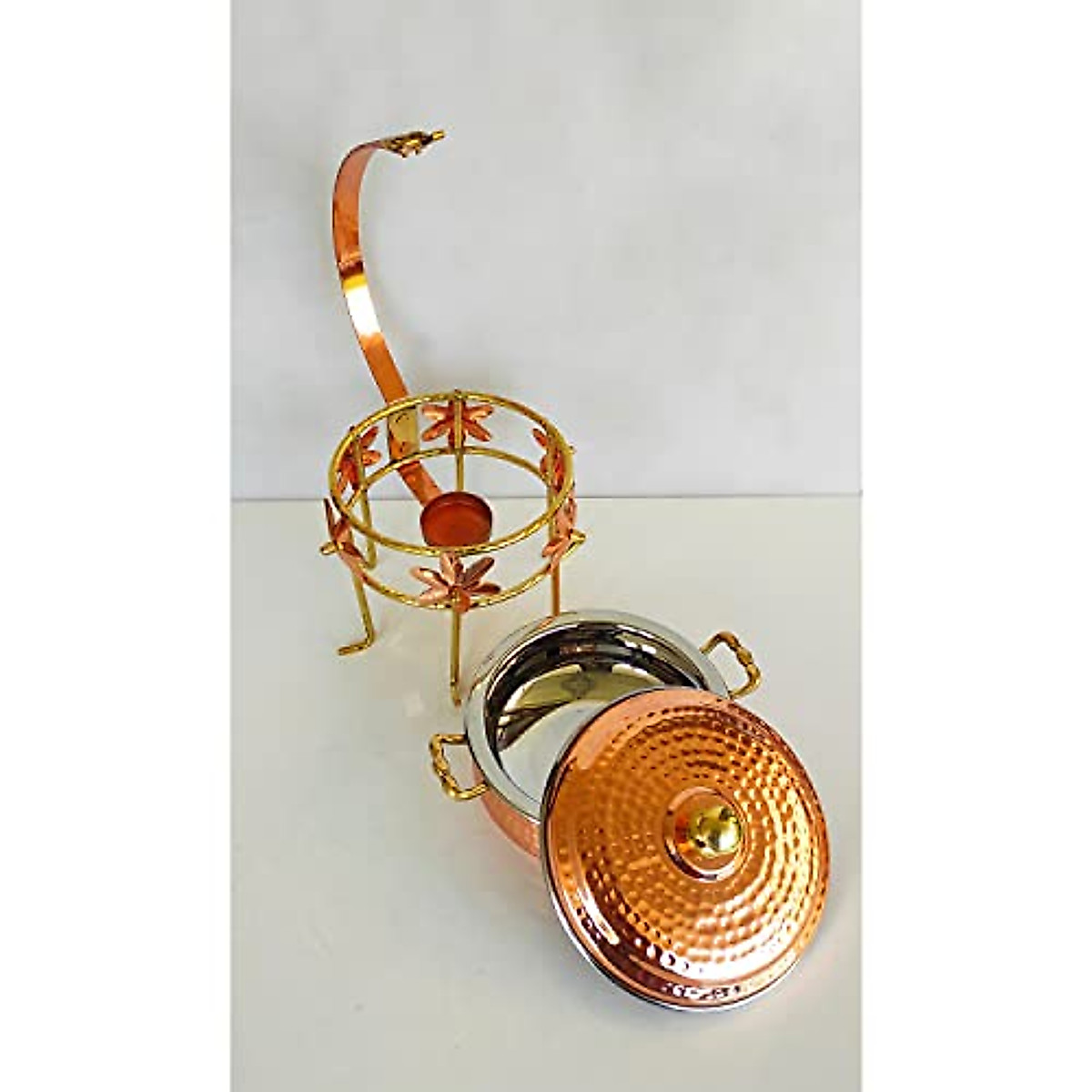 Indian Art Villa Steel Copper Chafing Dish Set of 1 Handi With Lid & 1 Brass Stand, Serveware Item for Dinner Party & Functions, Volume-44 Oz