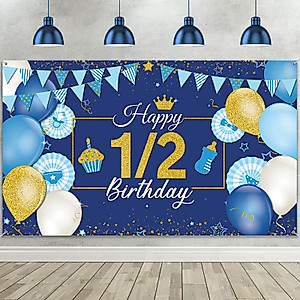 1/2 Birthday Decoration Backdrop Blue and Gold Half Birthday Banner 6 Months Happy Birthday Background Half Birthday Party Supplies Photo Booth Props for Photography (3.6 x 6 Feet)