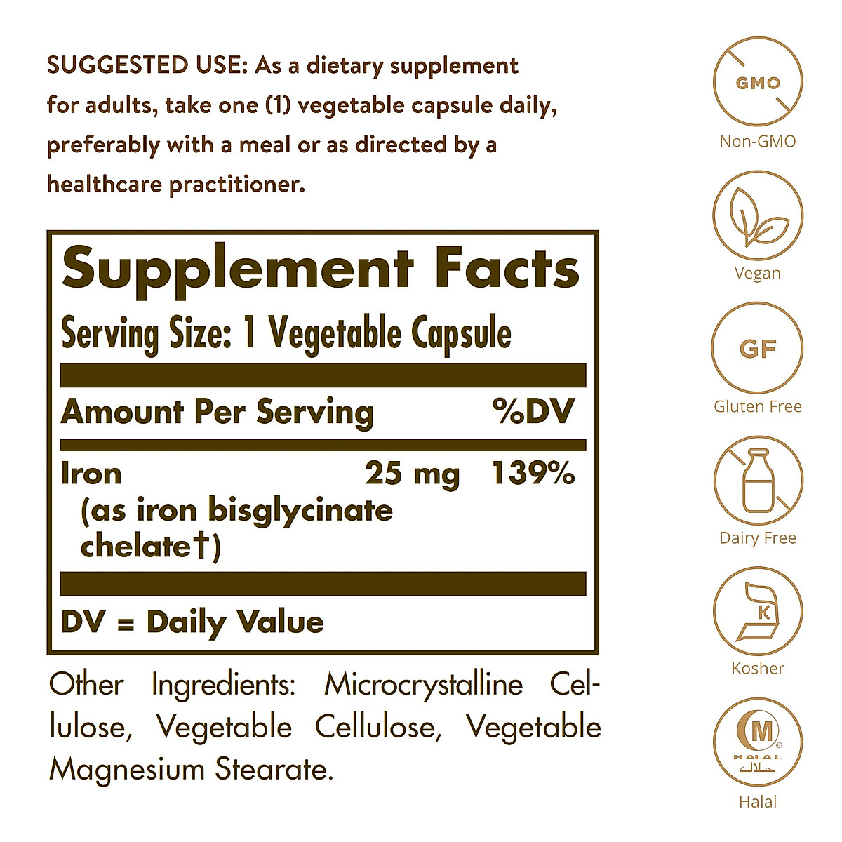 Solgar Gentle Iron (Iron Bisglycinate) 25 mg - 180 Vegetable Capsules - Non-Constipating, Gentle on Your Stomach - Non-GMO, Gluten Free - 180 Servings