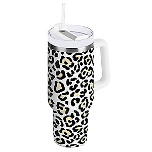 ODAWA Stainless Steel Tumblers Large with Straw and Handle, Black White Leopard Print Travel Insulated Tumblers