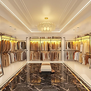 Aheaplus Industrial Pipe Clothing Rack, Reversible 118.3'' Clothes Rack for Hanging Clothes, Heavy Duty Garment Rack Closet Wardrobe Rack with LED Lights& Shelves, Walk-in Closet System, Black Oak