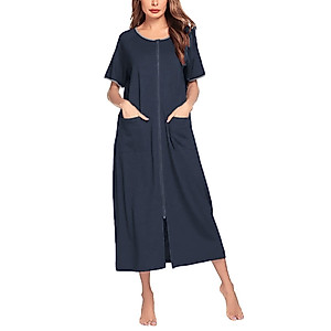 Ekouaer Women Robes Zipper Front Short Sleeve Full Length Housecoat with Pockets Loungewear Navy Blue,2XL