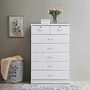HODEDAH 7 Drawer Wood Dresser for Bedroom, 31.5 inch Wide Chest of Drawers, with 2 Locks on the Top Drawers, Storage Organization Unit for Clothing, White