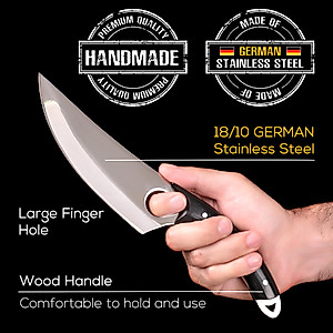 Crystalia Chefs Knife, Handmade Butcher Cleaver Knife for Meat Cutting, Hand Forged Boning Knife with Sheath, Caveman Style Viking Knives for Kitchen, BBQ, Camping, or Outdoor, 11 inches