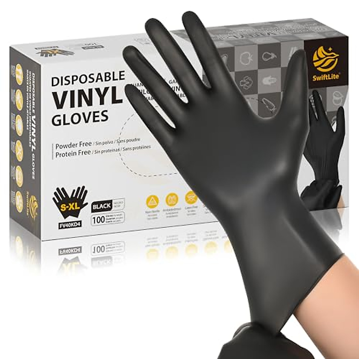 SWIFTLITE Black Vinyl Gloves, Food Grade Gloves Disposable Latex Free & Powder Free, Guantes for Cleaning Cooking Food Prep (100, Medium)
