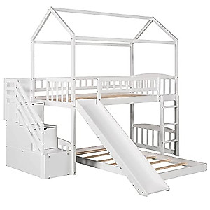 MERITLINE House Bunk Beds with Slide Twin Over Twin Bunk Bed with Stairs for Kids, Wood Twin Bunk Beds with Roof and Two Drawers for Boys or Girls, No Box Spring Needed, White