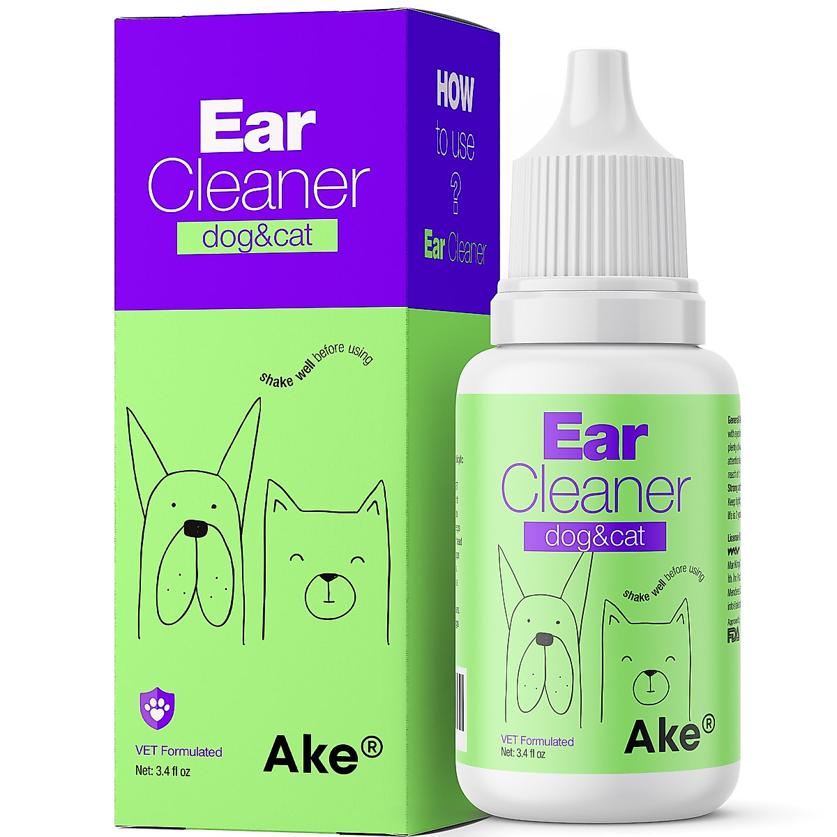 Ake® Dog Ear Cleaner Solution - Cat Ear Cleaner - Dog Ear Flush - Helps with Yeast, Wax, Dirt & Itchy Ear Canal - Dog Ear Wash - Otic Ear Solution for Dogs - Controlling Dog Ear Infections & Odor