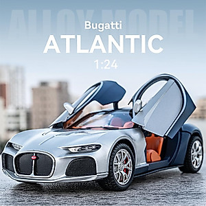 Addcean Model Car 1/24 Bugatti Toy Car, Atlantic Alloy Die Cast Cars Model Car for Kids Birthday Christmas Party Gift, Pull Back Toy Cars with Sound and Light (Silver-Blue)