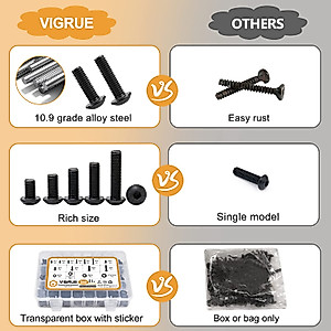 VIGRUE 288PCS M6 M8 Button Head Hex Socket Cap Screws Bolts Nuts Washer Assortment Kit, 10.9 Grade Alloy Steel Black Oxide, Fully Threaded