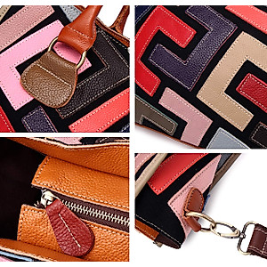 Segater® Women Multicolor Genuine Leather Tote Bag Cowhide Graffiti Print Colorful Handbag Geometric Puzzle Patchwork Purse Ladies Crossbody Bags