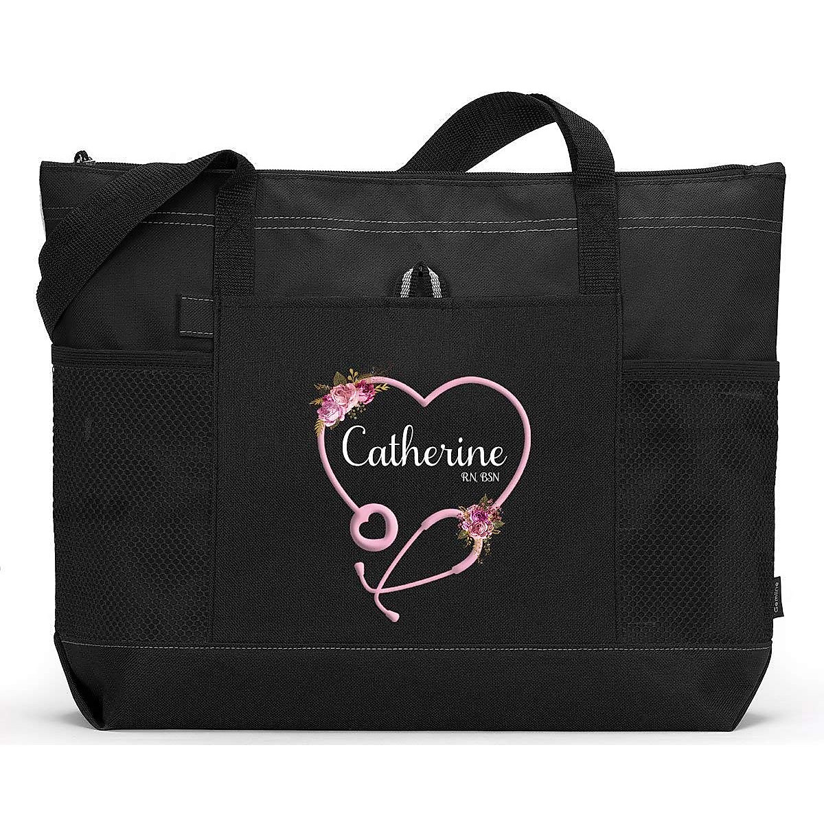 Personalized Nurse with Heart Stethoscope, CNA, RN, LPN Tote Bag with Mesh Pockets, Custom Printed