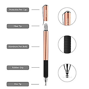 Mixoo 2-in-1 Precision Disc & Fiber Stylus with Replaceable Tips for Capacitive Touch Screen Devices (Black/Rose Gold)