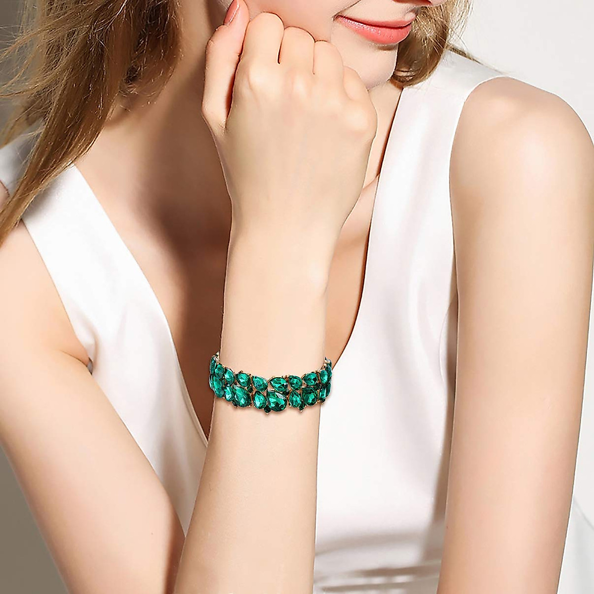 EVER FAITH Women's Costume Jewelry Crystal 2 Layer Teardrop Stretch Bracelet for Prom Party Green Antique Gold-Tone