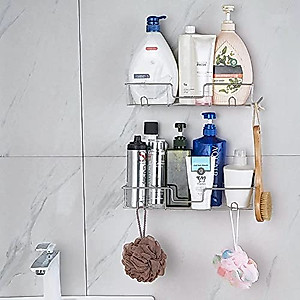 Casaphoria Shower Caddy, Adhesive Shower Organizer with 6 Hooks, Shower Shelf for Inside Shower No Drilling - Rustproof Stainless Steel Shower Rack Wall Mounted, 2 Pack(White Silver)