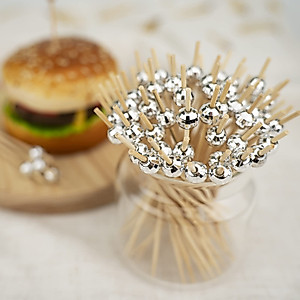DecorWoo 100 Pcs Cocktail Picks, Disco Ball Decorative Toothpicks for Appetizers, Silver Cocktail Skewers for Appetizers, Wooden Long Cocktail Picks Disco Theme for Party Supplies (4.7 Inch, Silver)
