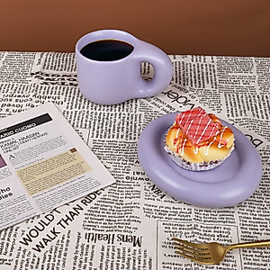 Koythin Ceramic Coffee Chubby Mug Saucer Set, Creative Cute Fat Handle Cup with Saucer for Office and Home, Dishwasher and Microwave Safe, 10 oz for Latte Tea Milk (Light Purple)