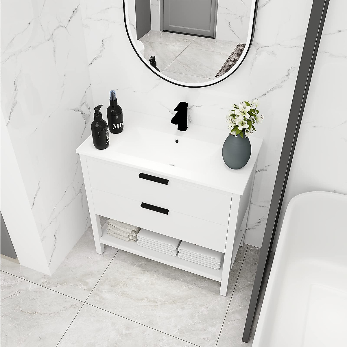 LVTFCO 36" Modern Freestanding Bathroom Vanity with 2 Drawers and Open Style Shelf, Bathroom Vanity Sink Combo with Plywood Pedestal and Resin Sink for Apartment Dorm Contemporary Bath (White)