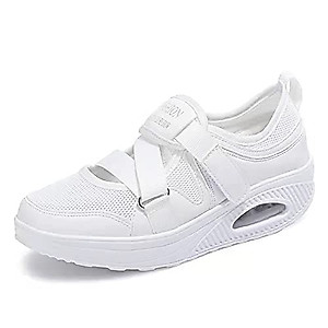 JITUUE Women's Comfort Shoes Adjustable Breathable Air Cushioned Insoles Wedges Slip-on Sport Walking Sneakers Fitness Casual Shoes with Eyelets(White,US 7