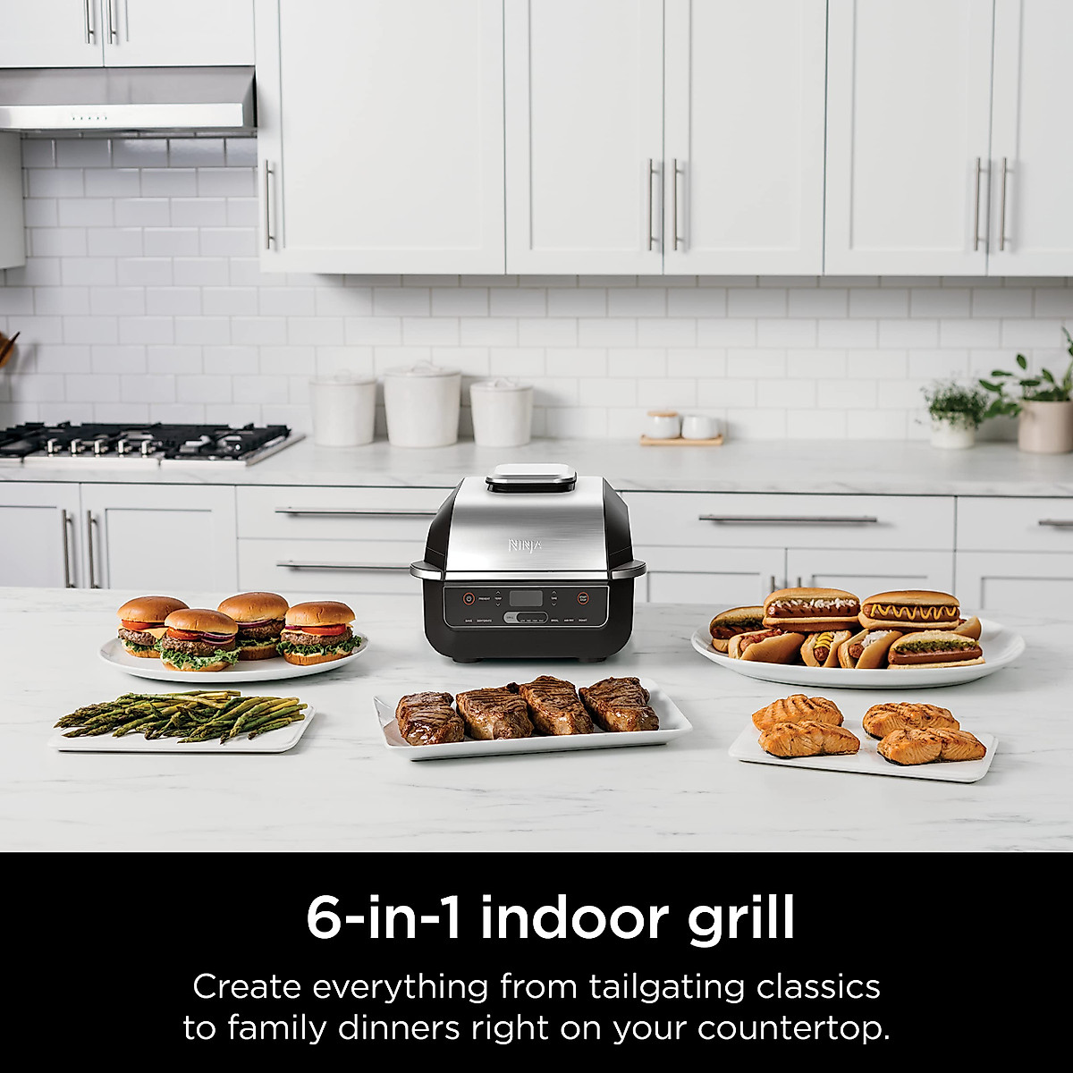 Ninja EG201 Foodi 6-in-1 Indoor Grill with Air Fry, Roast, Bake, Broil, & Dehydrate, 2nd Generation, Black/Silver (Renewed)