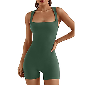 AUTOMET Womens Jumpsuits One Piece Unitard Bodysuits Shorts Rompers Overalls Jumpers Tummy Control Yoga Workout Summer Outfits 2023 Darkgreen
