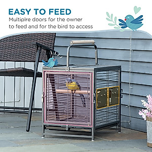 PawHut 18" Heavy Duty Wrought Iron Travel Bird Cage Carrier with Handle Perch and Accessories - Black