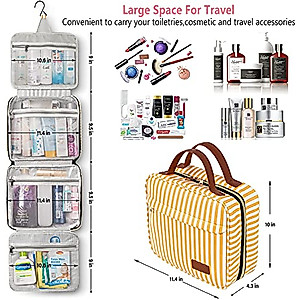 WDLHQC Hanging Travel Toiletry Bag with Hook | Water Proof Zip Bag with 4 Compartments + 2 Outer Zip Pockets | Cosmetic Travel Bag for Toiletries | Travel Essentials for Women & Men (Yellow Stripe)