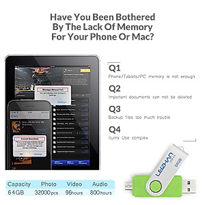 leizhan 64gb Flash Drive for Android Phone, Phone Picture Stick for Samsung Galaxy S7/S6/S5/S4/S3/Xiaomi/Meizu/HTC/Nokia/Moto/Huawei, USB 2.0-Micro,Green