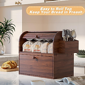 TQVAI Bamboo Bread Box for Kitchen Countertop Dobule Layer Roll Top Bread Bin with Silverware Basket - Can Use as 2 Individual Bread Boxes - Assembly Required, Black