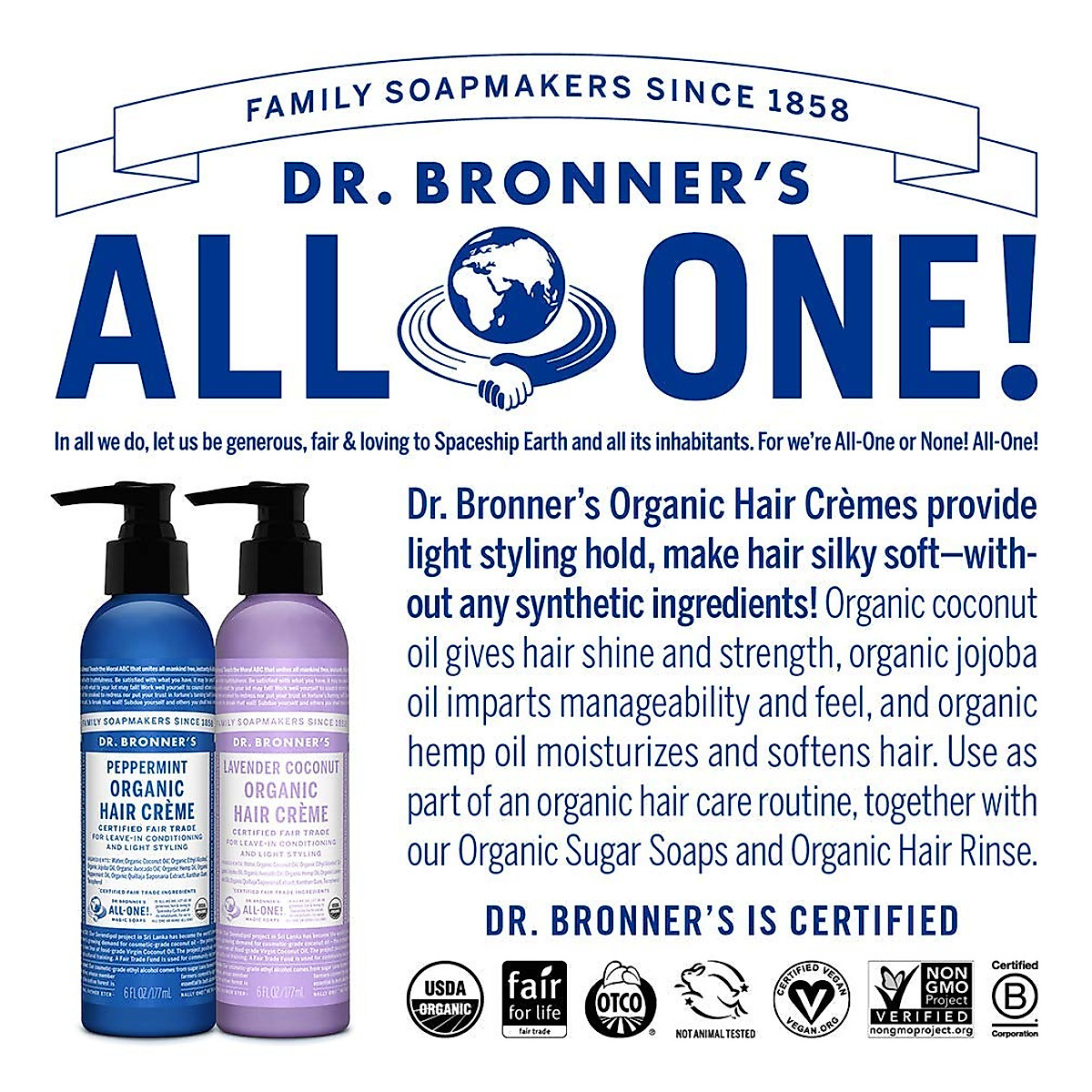 Dr. Bronner's - Organic Hair Crème (6 oz Variety Pack) Lavender Coconut & Peppermint - Leave-In Conditioner and Styling Cream, Made with Organic Oils, Hair Cream Supports Shine and Strength, Nourishes Scalp, Non-GMO | 2 Count