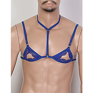 Men's Floral Hollow Out Strappy Bra Sissy Lace See Through Sheer Bralette Adjustable Straps Bikini Lingerie Top (Blue,Large)