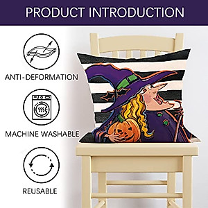 Fjfz Happy Halloween Witch Decorative Throw Pillow Covers 18 x 18 Set of 4, Trick or Treat Black Cat Pumpkin Fall Porch Outdoor Home Decor, Purple Polka Dots Stripes Autumn Holiday Couch Cushion Case
