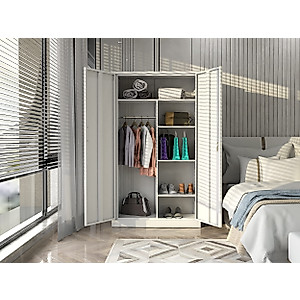 MIIIKO Steel Wardrobe Cabinet with 2 Doors, White Metal Locker Cabinet for Storage with Hanging Rod and 4 Shelves, Lockable Metal Closet Cabinet for Bedroom, Cloakroom and Home Office
