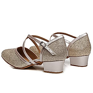 SWDZM Women's Latin Dance Shoes Cross Strap Ballroom Tango Character Performance Practice Dancing Shoes,L481 Champagne 1 1/2'' Heel,8.5 M US