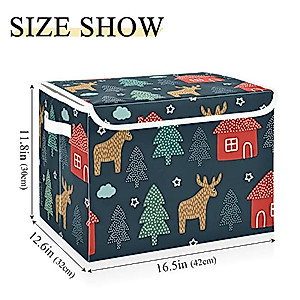 Forest Design for Winter Holidays Large Foldable Storage Boxes with Lid, Fabric Collapsible Storage Bin Closet Organizer, Storage Box with Handles for Clothes Storage, Toys Storage, Room Organization