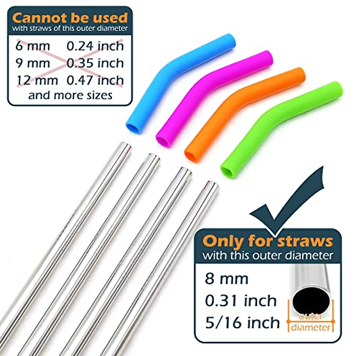 GFDesign Food Grade Silicone Straw Elbows Tips Soft Reusable Metal Stainless Steel Straw Nozzles Only Fit for 5/16" Wide (8mm Outer Diameter) Multicolor - Set of 8