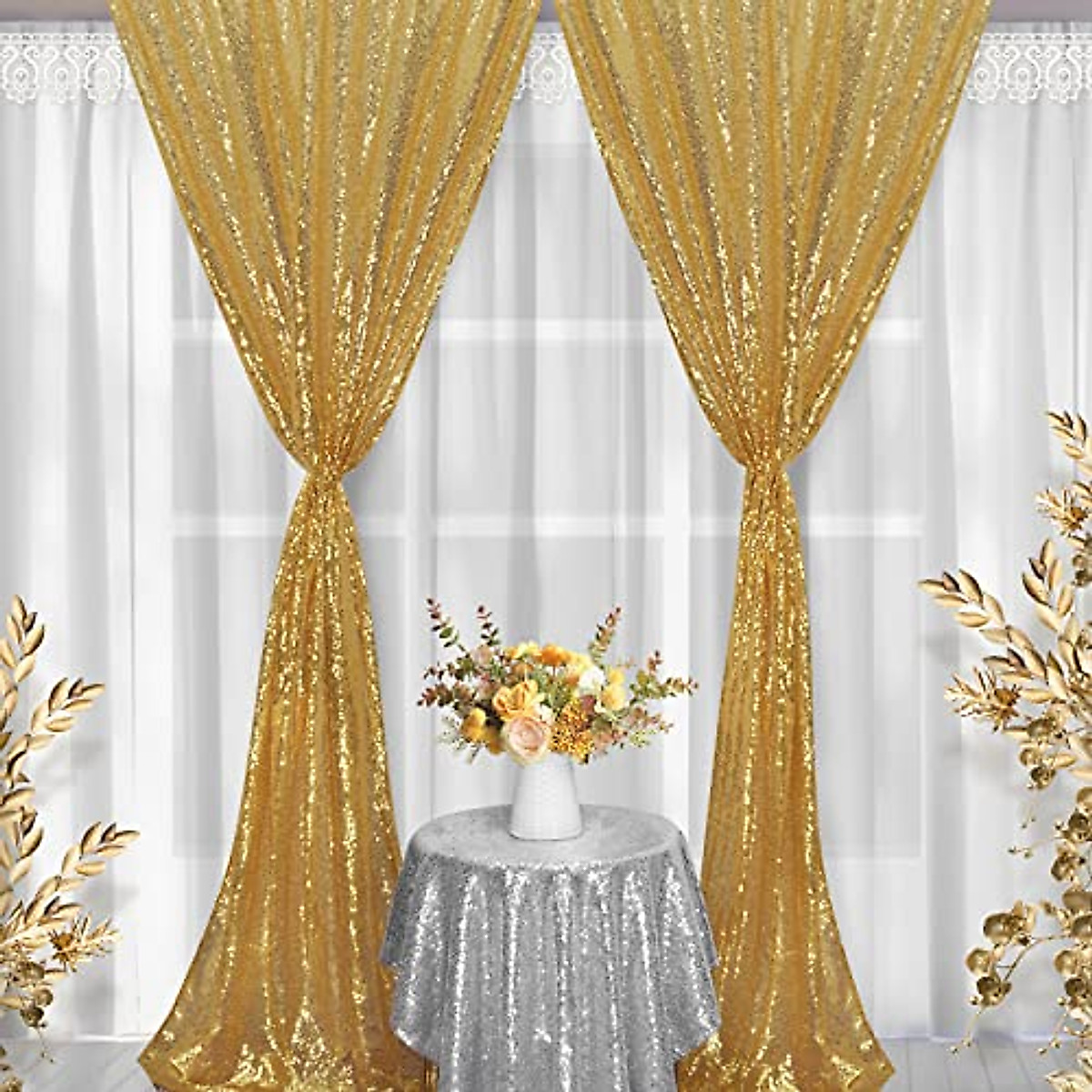 WENMER Gold Sequin Backdrop Curtain 4 Pcs 2 x 8FT Sequin Backdrops Shimmer Photo Backdrop Background Curtains Glitter Curtain Backdrop for Party Decoration Photo Studio