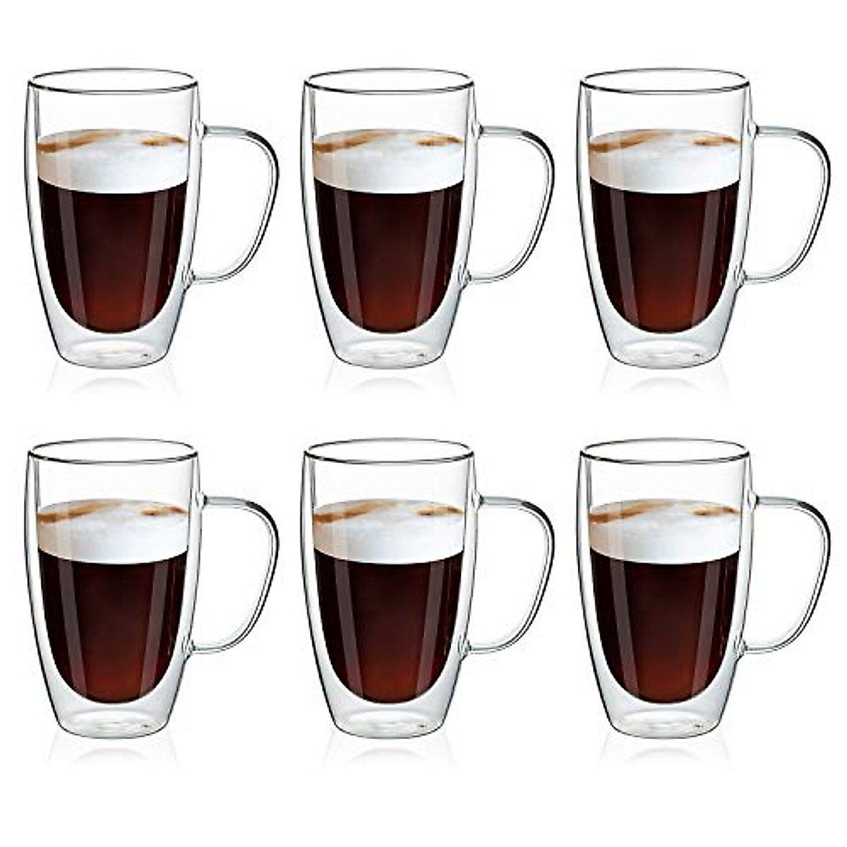 MEWAY 16oz/6 pack Coffee Mugs, Thickened Clear Glass Double Wall Cup with handle for Coffee, Tea, Latte, Cappuccino (16 oz，6)
