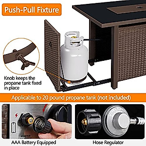 Yaheetech 43 Inch 50,000 BTU PE Rattan Propane Fire Pit with Tempered Glass Tabletop and Rain Cover, Gas Fire Pit with Lid and Fire Glass for Outdoor Heating/Patio/Terrace, Auto-Ignition, Brown