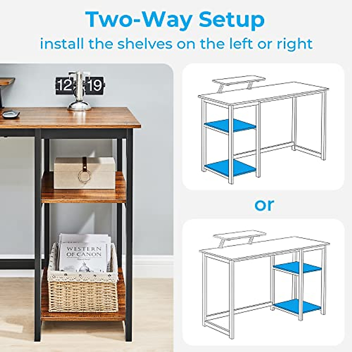 GreenForest 39 inch Walnut Computer Desk with Monitor Stand and Reversible Storage Shelves and 69 inch L Shaped Desk with Drawers and with Power Outlet