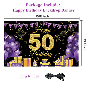 Wiipenex Happy 50th Birthday Backdrop Banner 70.86” x 43.3” Purple Black 50th Birthday Decorations Cheers to 50 Years Old Balloons Backdrop Party Supplies Birthday Yard Sign Poster Background Banners
