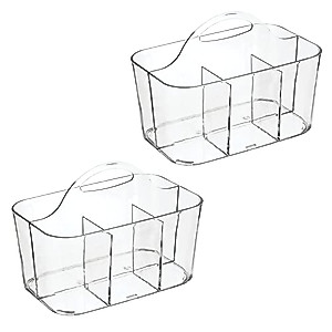 mDesign Plastic Portable Craft Storage Organizer Caddy Tote, Divided Basket Bin with Handle for Crafts, Sewing, Art Supplies - Holds Brushes, Colored Pencils - Lumiere Collection - 2 Pack - Clear