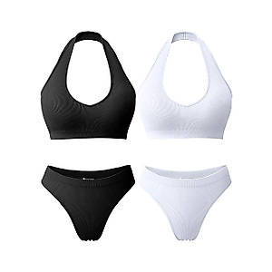 OQQ Women's Sexy Lingerie Sets Matching Set Bra Panty, Black White, Large