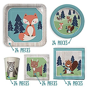 Woodland Animal Birthday Party Supply Set | Super Cute, All-In-One 120 Piece Set Includes Plates, Cups, and Napkins | Serves 24 Guests | Forest Creature Theme Perfect for Birthdays or Baby Showers