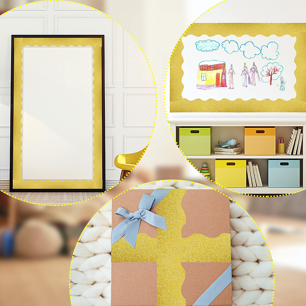 131 Ft Gold Glitter Bulletin Board Borders Gold Scalloped Bulletin Board Trims Shiny Decorative Border Trims Sparkle Self-Adhesive Border Stickers for Classroom School Home Office Blackboard Desk