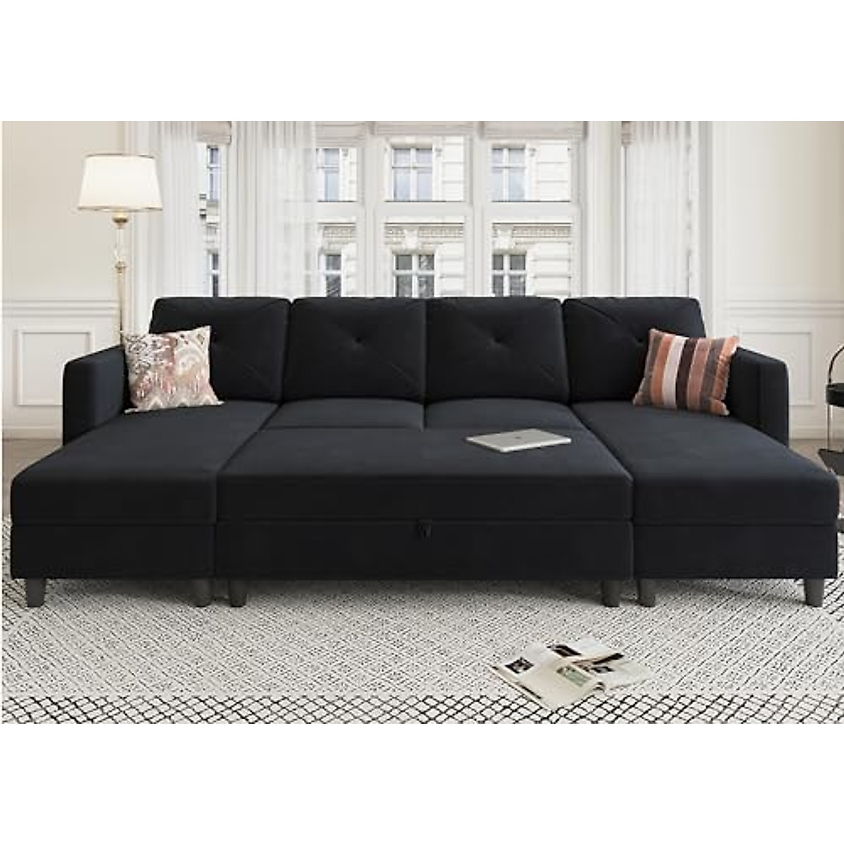 HONBAY Sleeper Sectional Sofa Set Velvet U Shaped Couch with Storage Ottoman 4-Seat Sectional Sofa Set for Living Room, Black