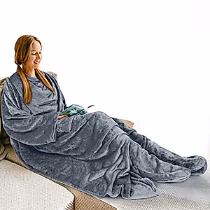 Wearable Fleece Blanket with Sleeves and Foot Pocket for Adult Women Men, Super Soft Cozy Microplush TV Blanket Throw Wrap Cover for Lounge Couch Reading Watching TV