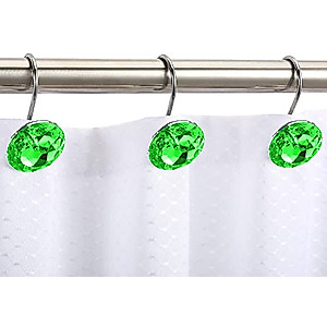 CHICTIE Green Shower Curtain Hooks Rings Diamond, Crystal Decorative Shower Curtain Hooks, Set of 12 Stainless Steel Rust-Proof Round Rhinestones Shower Rings Hangers for Bathroom